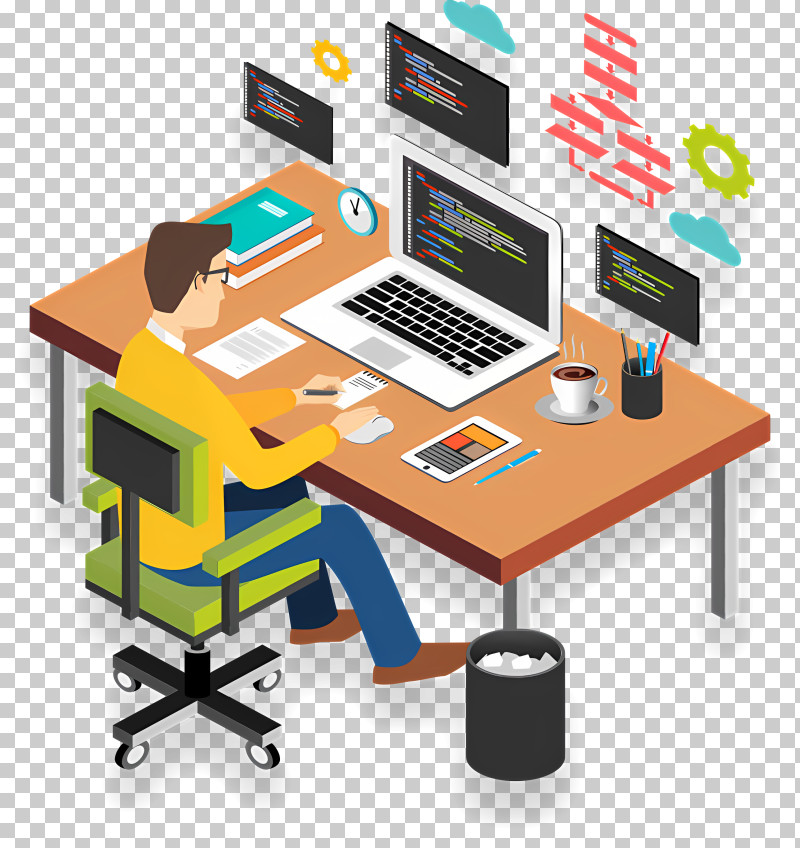 Office Chair Programmer Working At Desk With Monitors Png Clipart Coder Environment Coding