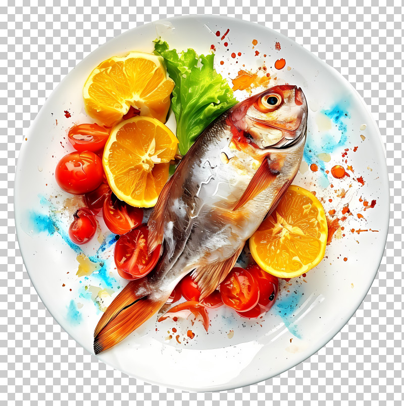Watercolor Fish Dish - Cooked Fish With Lemons And Vegetables PNG ...