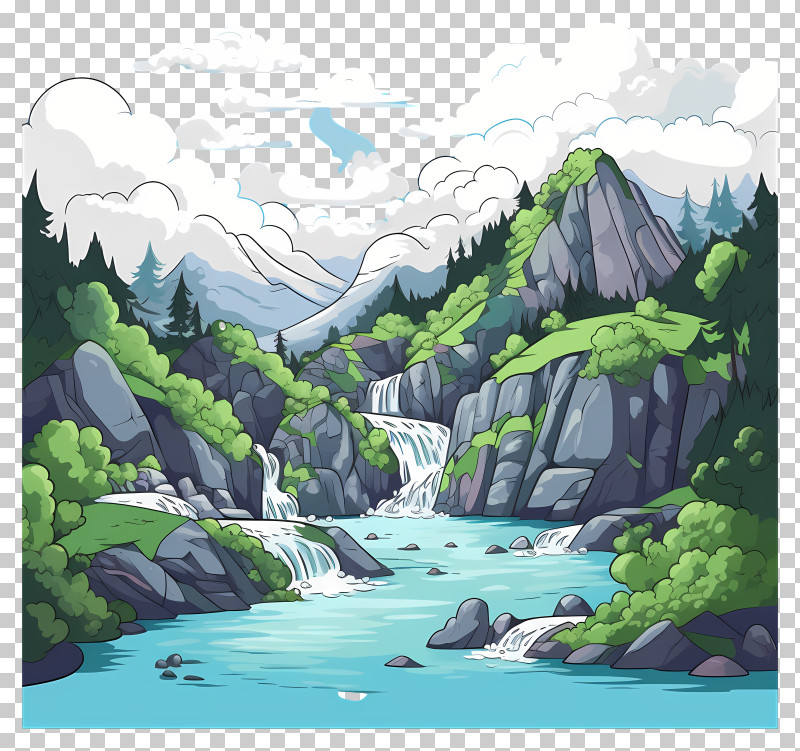 Flat Waterfall - Scenic Mountain Landscape With Waterfall PNG, Clipart ...