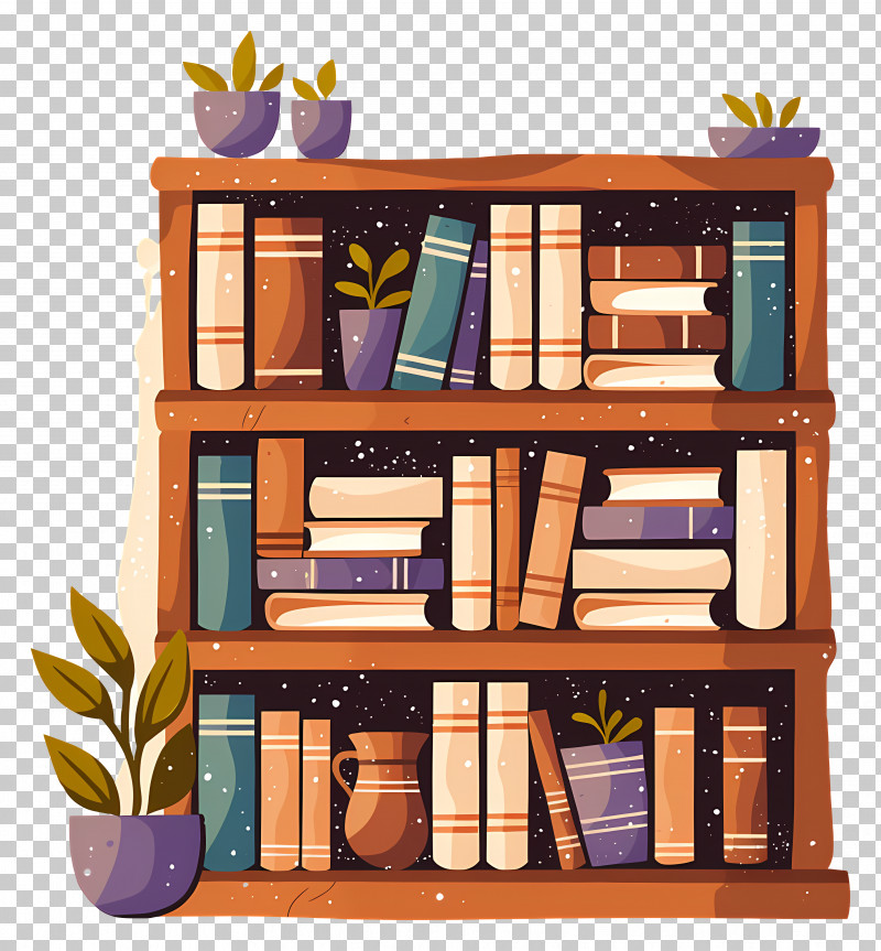 Cartoon Bookshelf - Wooden Bookshelf Illustration With Books And Plants ...
