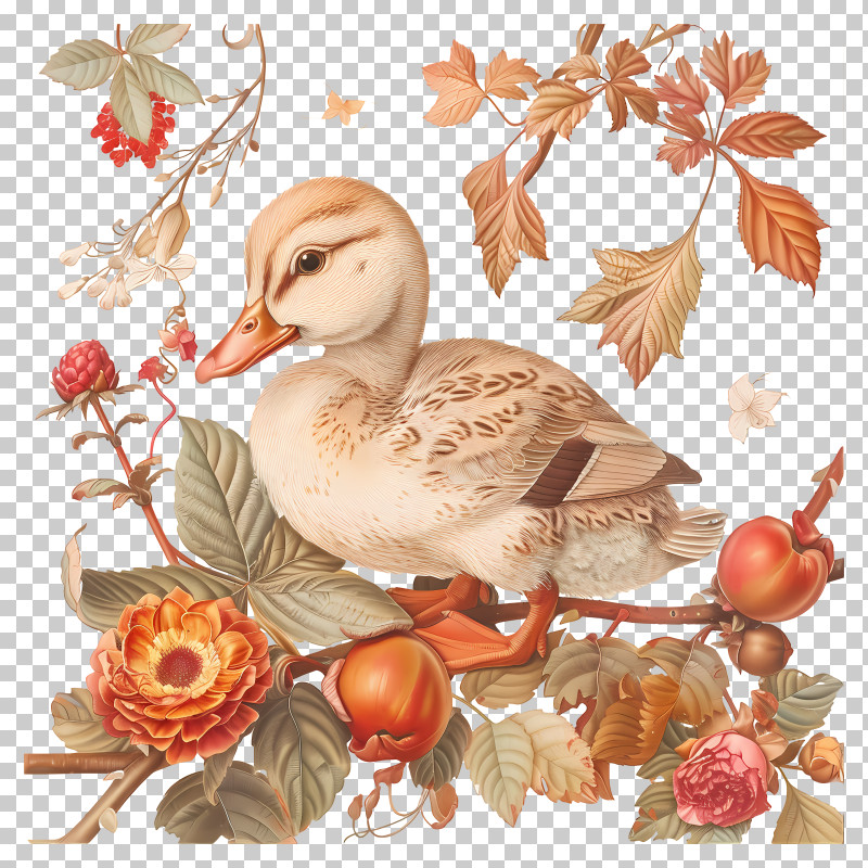 Cartoon Baby Duck - Cute Duckling On A Branch With Flowers PNG, Clipart ...