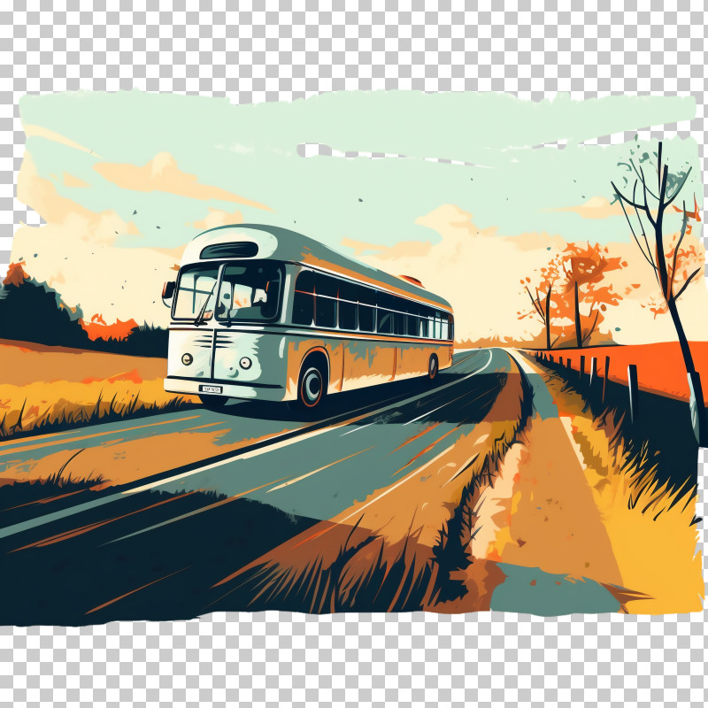 Rural Transit Day - Retro Bus Traveling On A Scenic Country Road PNG ...