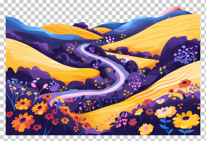 Hilly Area - Colorful Landscape With River And Flowers PNG, Clipart ...