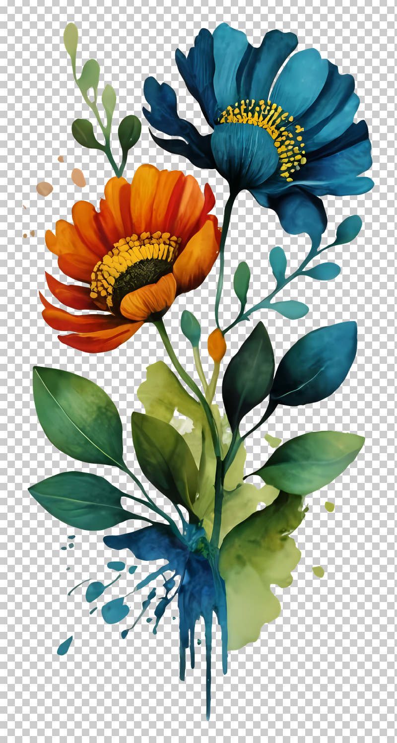 Bouquet Of Flowers - Watercolor Blue And Orange Floral Artwork PNG ...