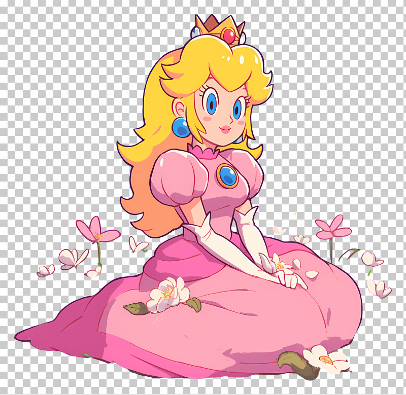Princess Peach - Princess In Pink Dress Sitting With Flowers PNG ...