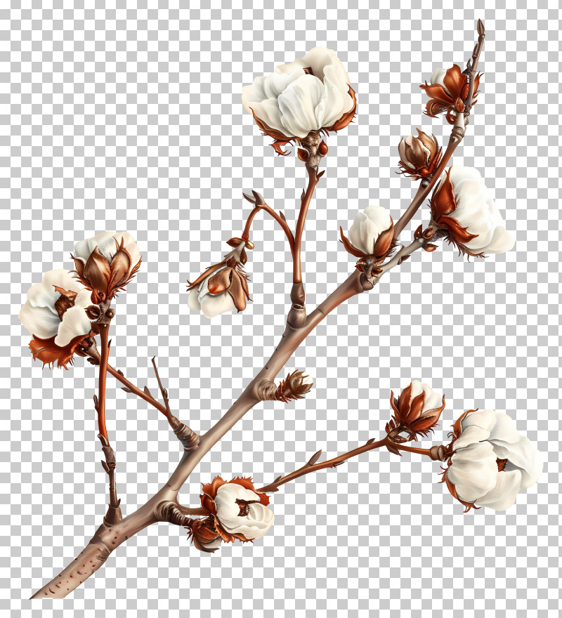 Fluffy Cotton Twig - Natural Cotton Plant Branch Illustration PNG ...