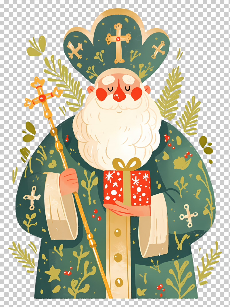 Saint Nicholas Day - Santa-Like Illustration With Gift And Staff PNG ...