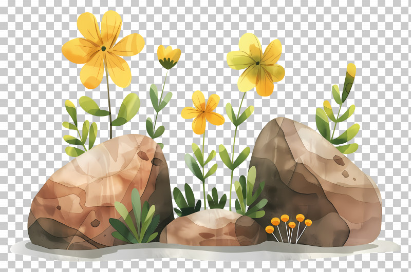 Rocks - Yellow Flowers And Rocky Botanical Illustration PNG, Clipart ...