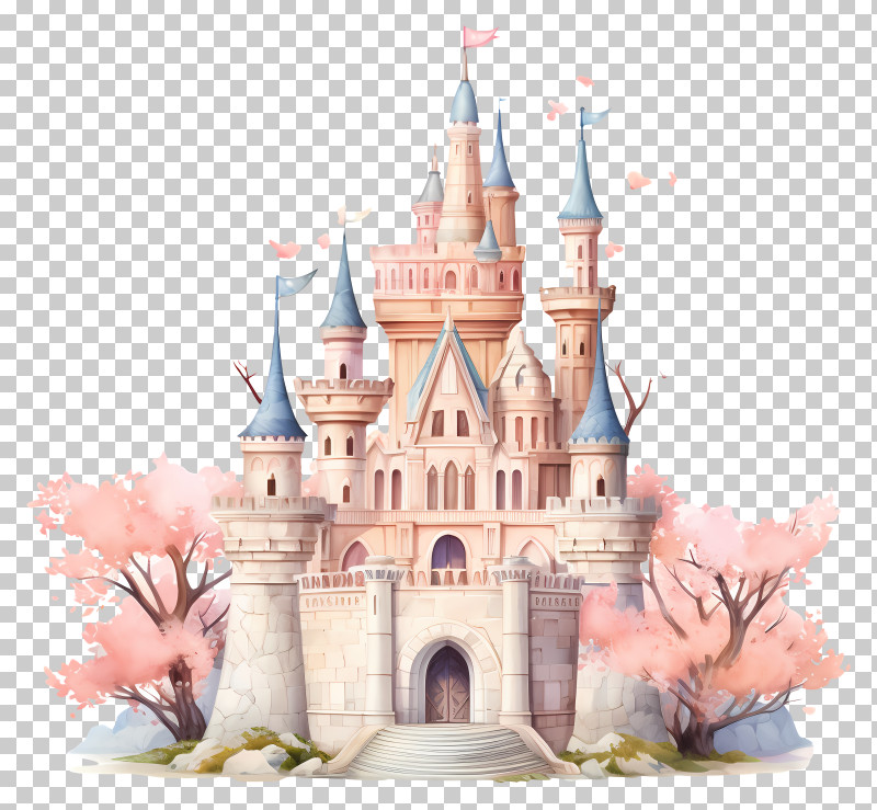 Princess Castle - Pink Fairy Tale Castle With Blossom Trees PNG ...