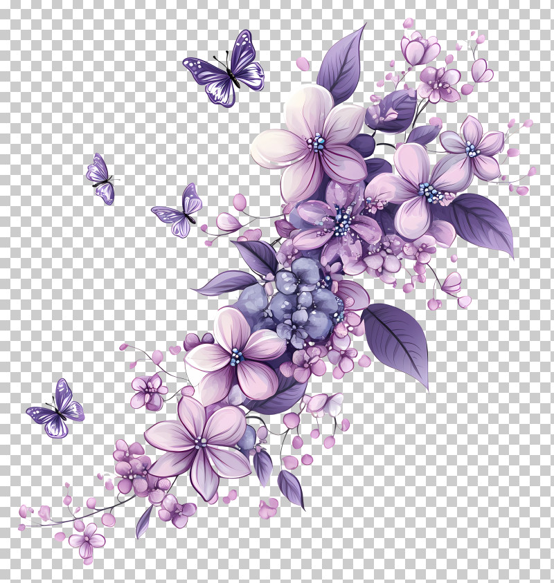 Spring Time - Purple Flowers With Butterflies PNG, Clipart, Beauty ...