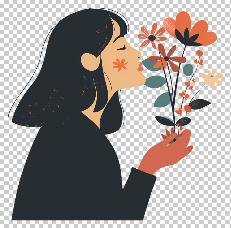 Woman Smelling Flowers Illustration - Woman Smelling A Bouquet Of ...