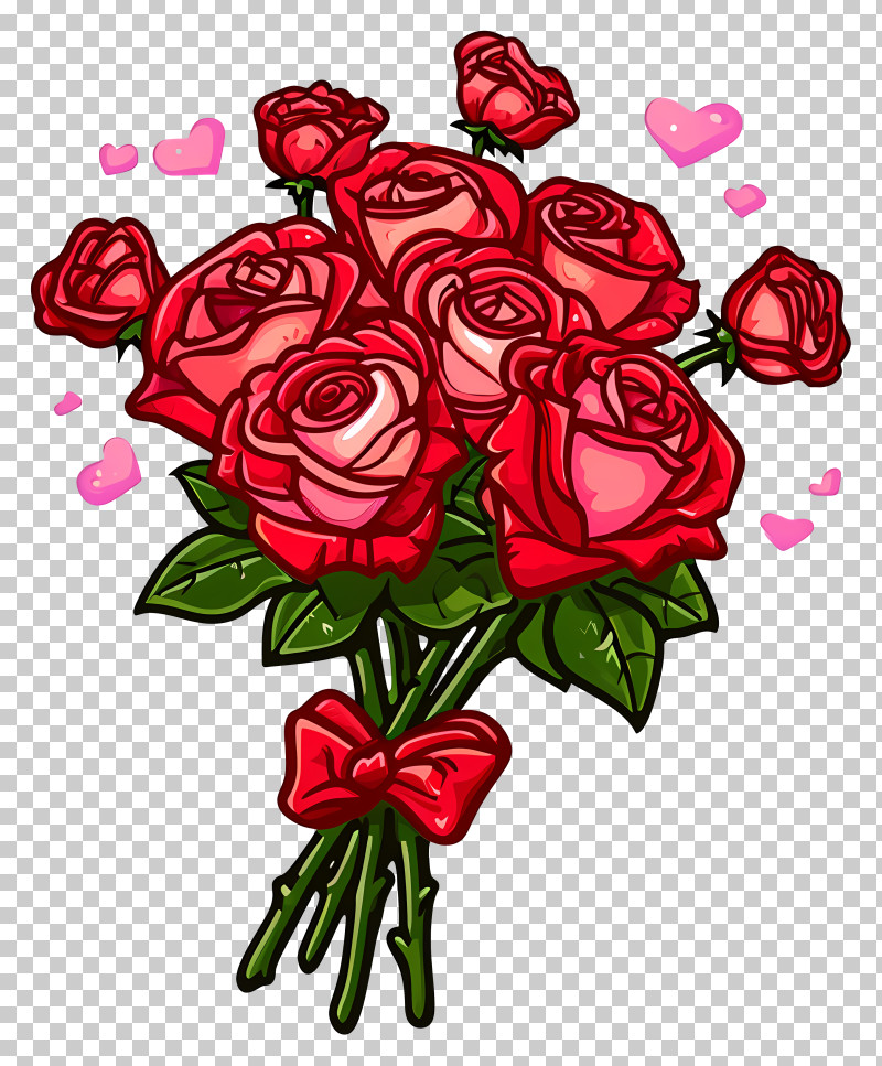 Cartoon Valentine Rose Bunch - Romantic Red Roses Bouquet With Hearts ...