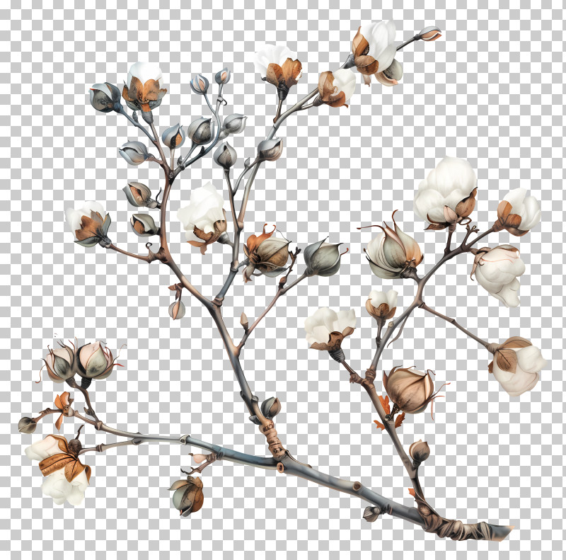 Fluffy Cotton Twig - Botanical Cotton Branch Illustration PNG, Clipart ...
