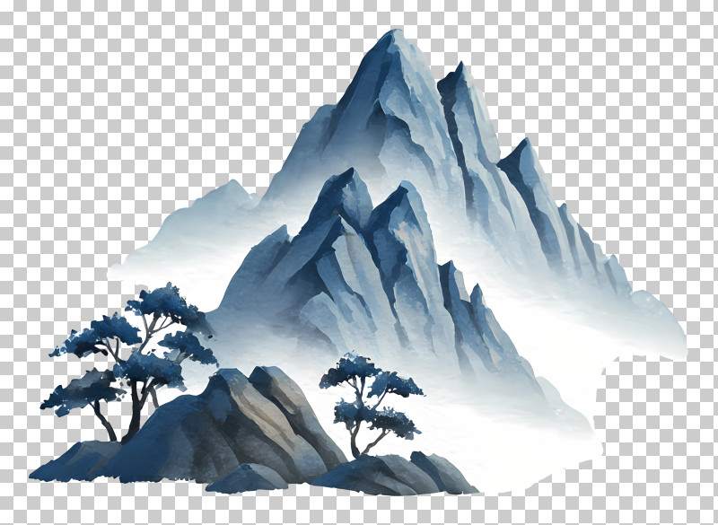 Mountain Ink Painting - Serene Mountain Landscape With Trees PNG ...