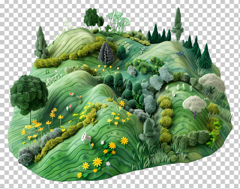 Hill Meadow - Miniature Green Landscape With Trees And Flowers PNG ...