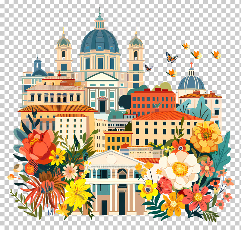Italy Rome - Cityscape Illustration With Vibrant Flowers PNG, Clipart ...