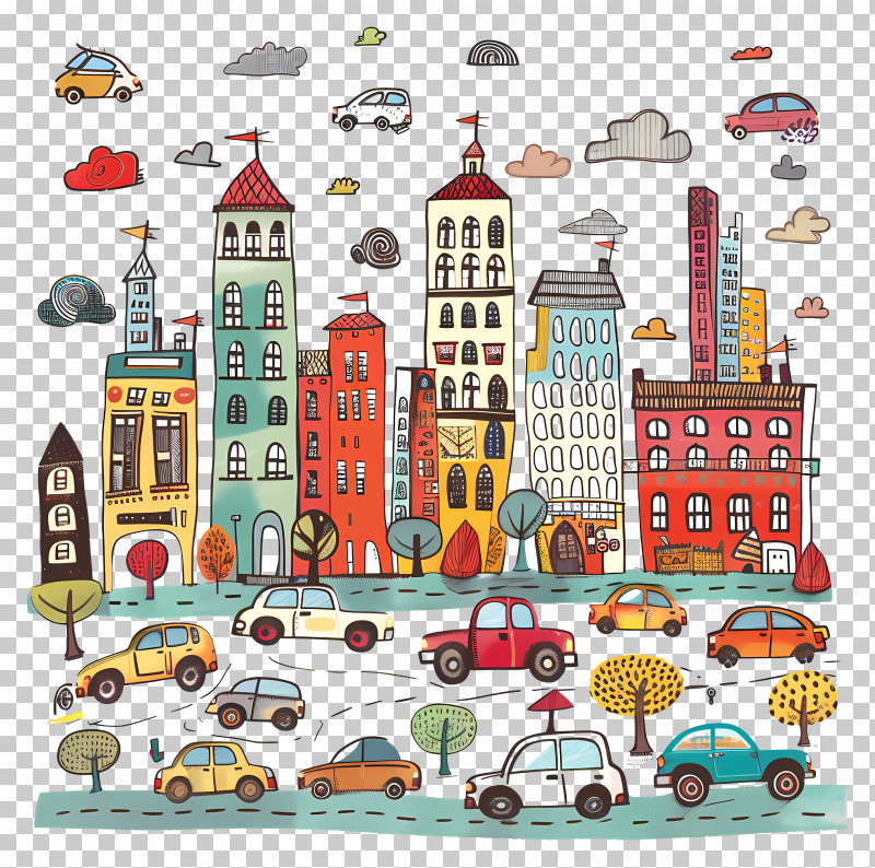 Cars In City - Cartoon Cityscape Illustration With Cars And Buildings ...