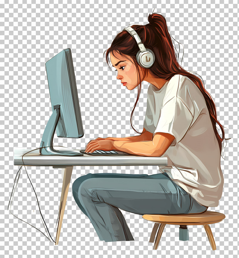Girl With Computer - Focused Girl With Headphones And Computer PNG ...
