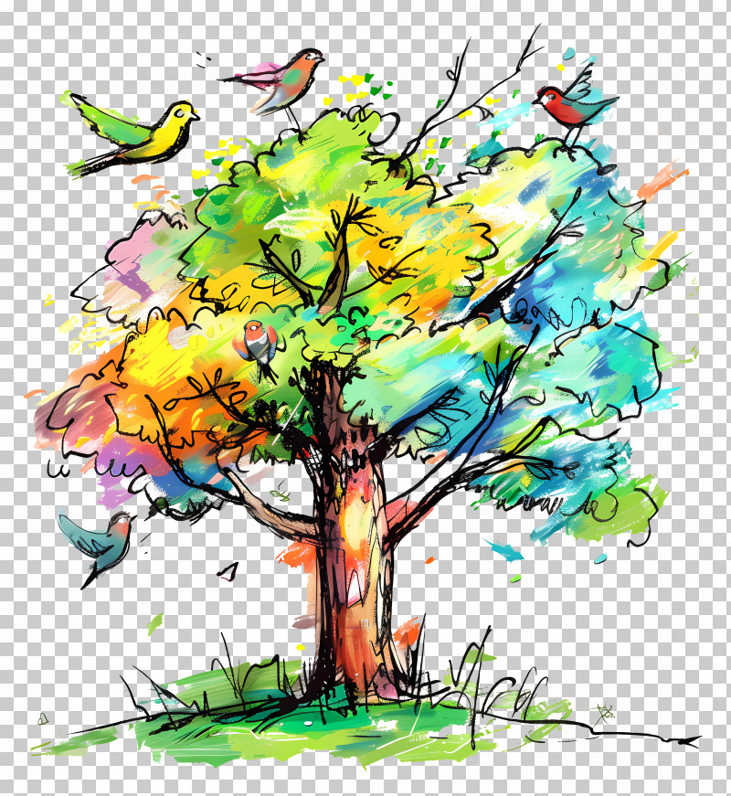 Tree With Birds - Colorful Tree With Birds Illustration PNG, Clipart ...