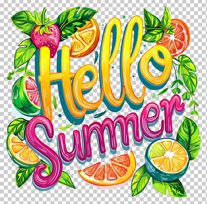 Hello Summer - Colorful Hello Summer Typography With Fruits And Leaves ...