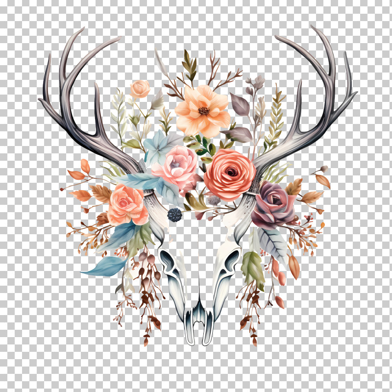 Antlers And Flowers - Floral Deer Skull With Antlers PNG, Clipart ...