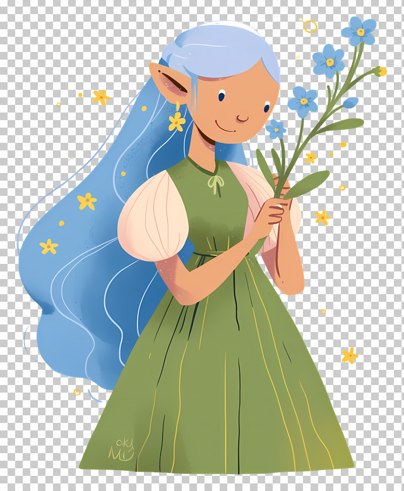 Forest Elf - Elf With Flowers In Green Dress PNG, Clipart, Blue Hair ...