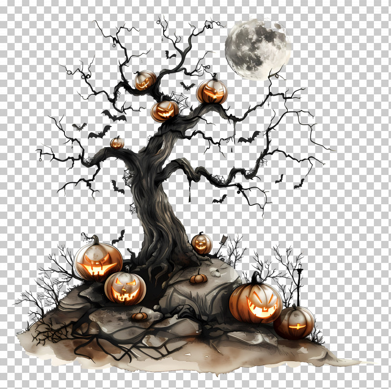 Haunted Tree - Spooky Halloween Tree With Pumpkins And Moon PNG ...