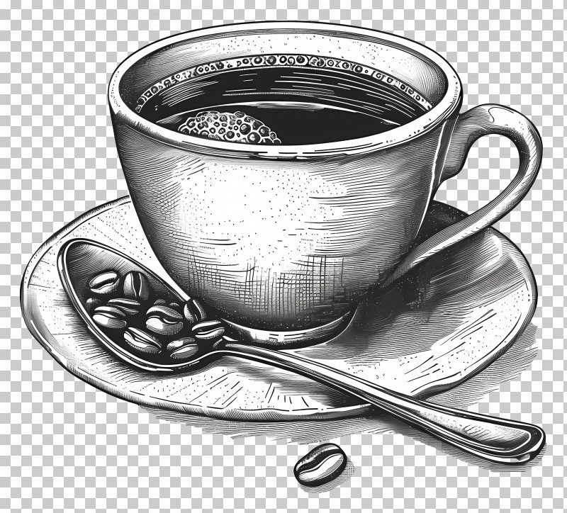 Coffee Cup - Sketched Coffee Cup With Beans In Vintage Style PNG ...
