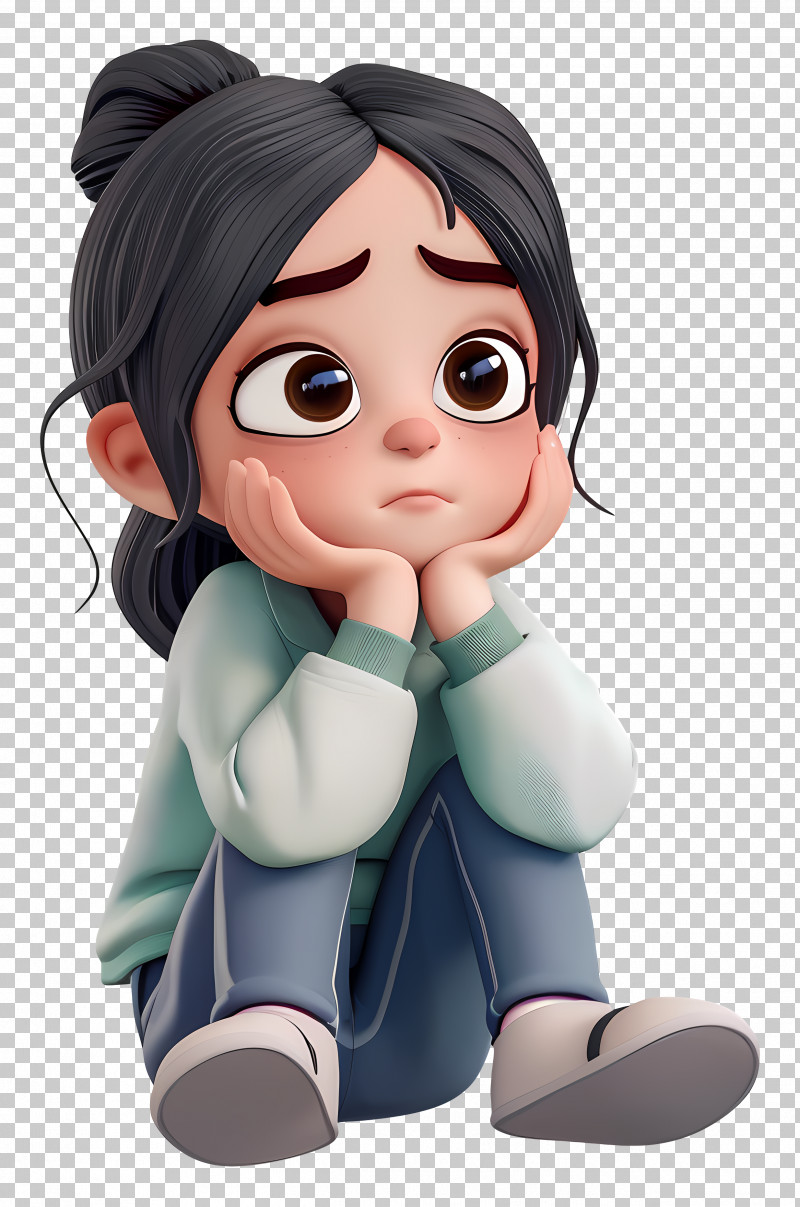 Sad Girl - Cute Cartoon Girl Sitting And Thinking PNG, Clipart, Cartoon ...