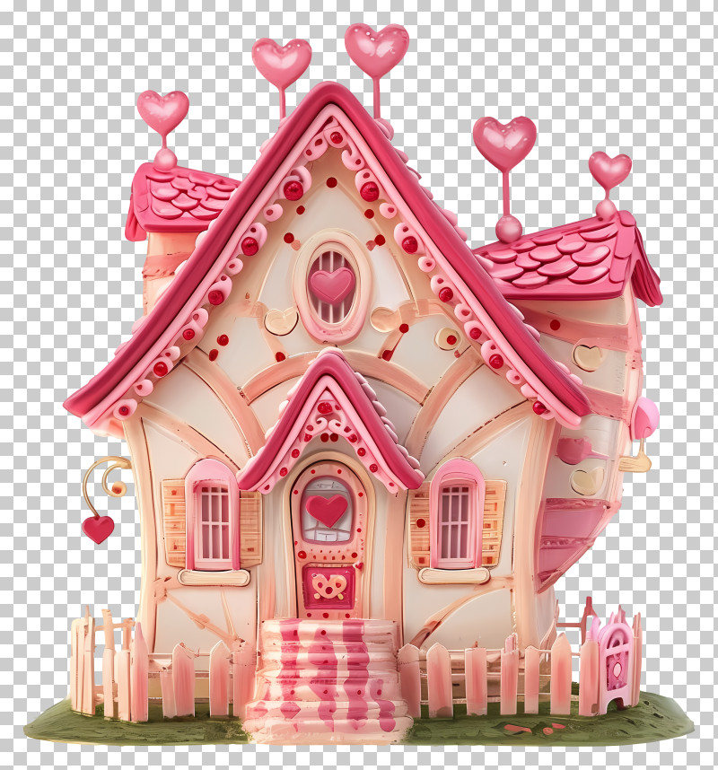 Pastel Valentine House - Pink Heart-Themed House Illustration PNG ...
