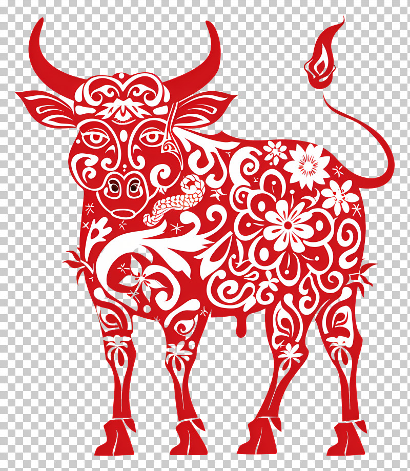 Chinese Zodiacs - Red Decorative Bull With Floral Patterns PNG, Clipart ...