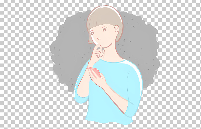 Cartoon - Woman Thinking With Phone In Blue Shirt PNG, Clipart, Blue ...