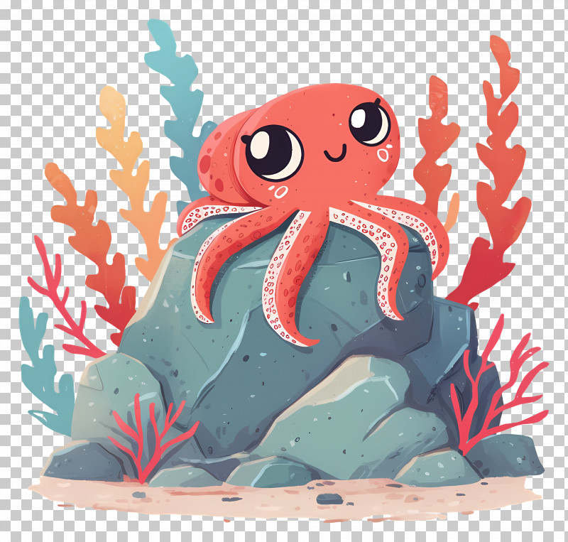 Cartoon Octopus - Cute Red Octopus On A Rock PNG, Clipart, Cartoon ...