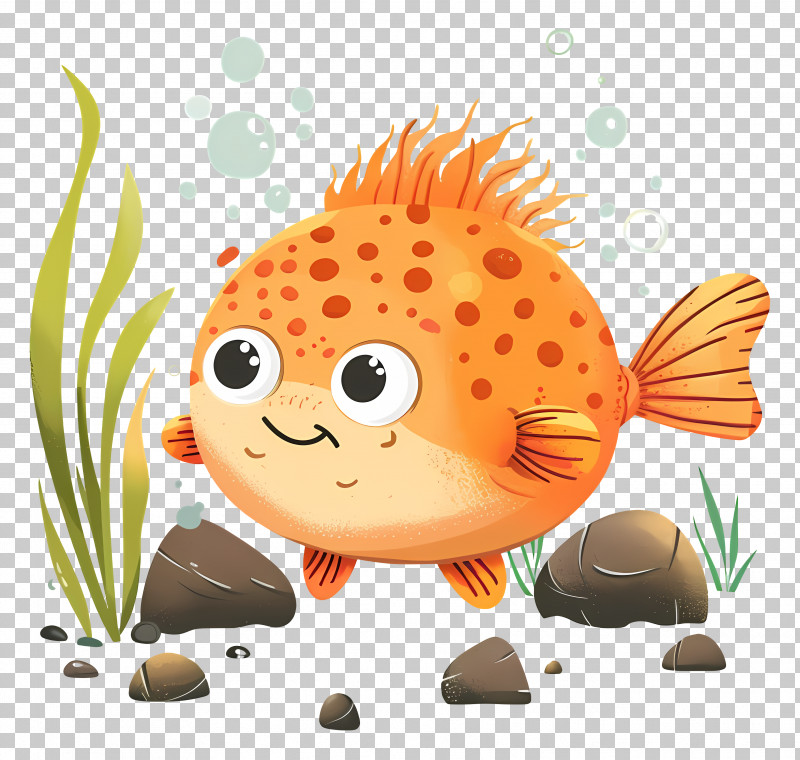 Cute Pufferfish - Cute Cartoon Orange Fish With Seaweed PNG, Clipart ...
