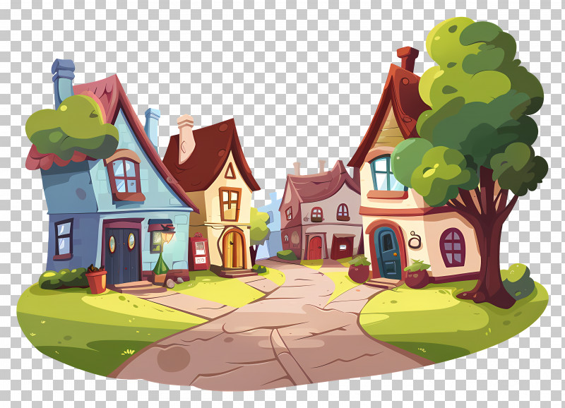 Town Street - Whimsical Cartoon Village With Cottages PNG, Clipart ...