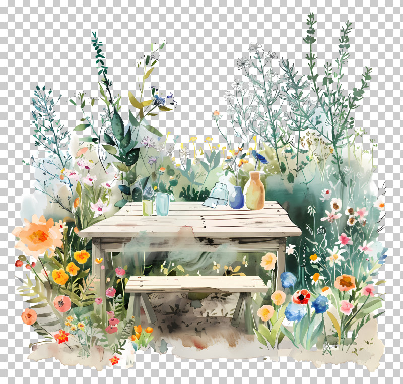 Spring - Garden Table Surrounded By Flowers PNG, Clipart, Bench ...
