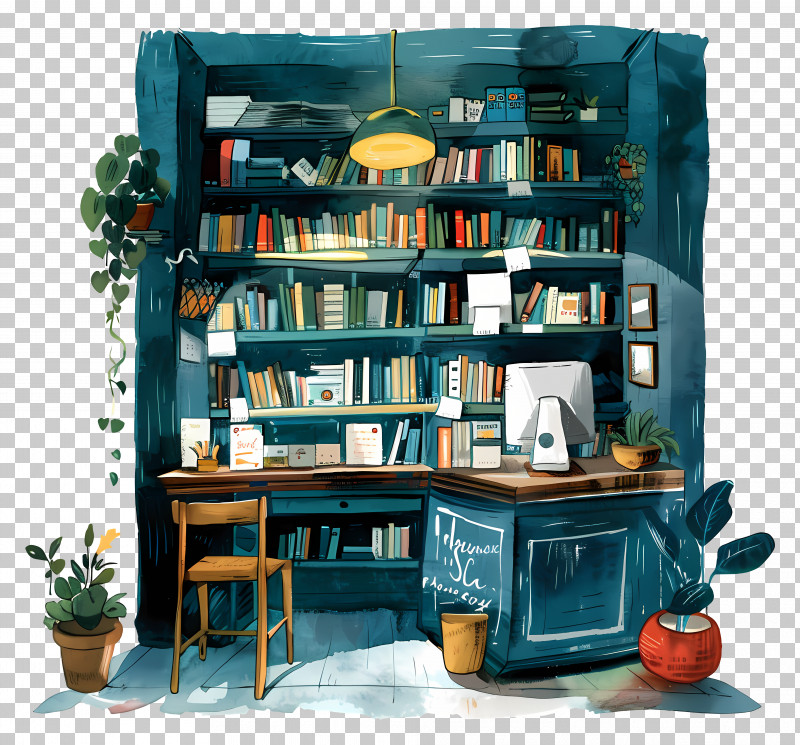 Bookshelf - Cozy Bookshelf With Desk And Lamp PNG, Clipart, Books ...