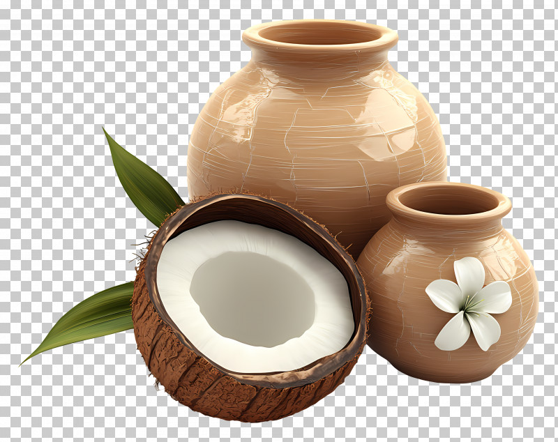 Pots And Coconuts - Coconut And Clay Pots With Flower PNG, Clipart ...