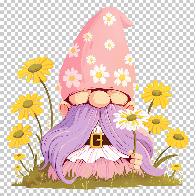 Spring Gnome - Pink Gnome Illustration With Yellow Flowers PNG, Clipart ...