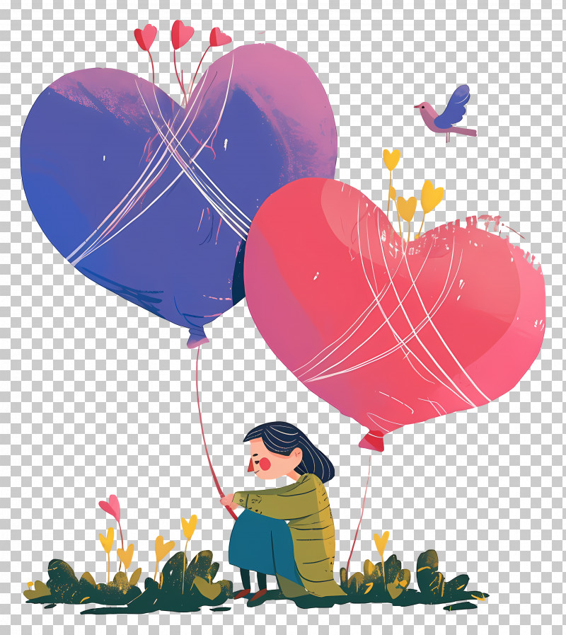 Valentine Balloons - Girl With Heart Balloons Illustration PNG, Clipart ...