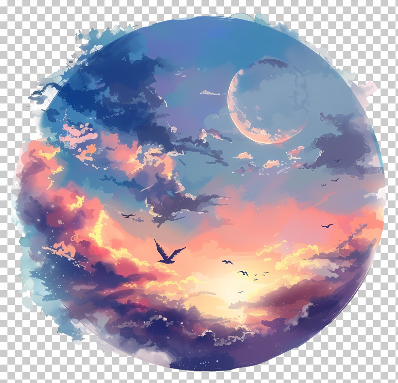 Sky Background - Beautiful Colorful Sky With Moon And Birds ...