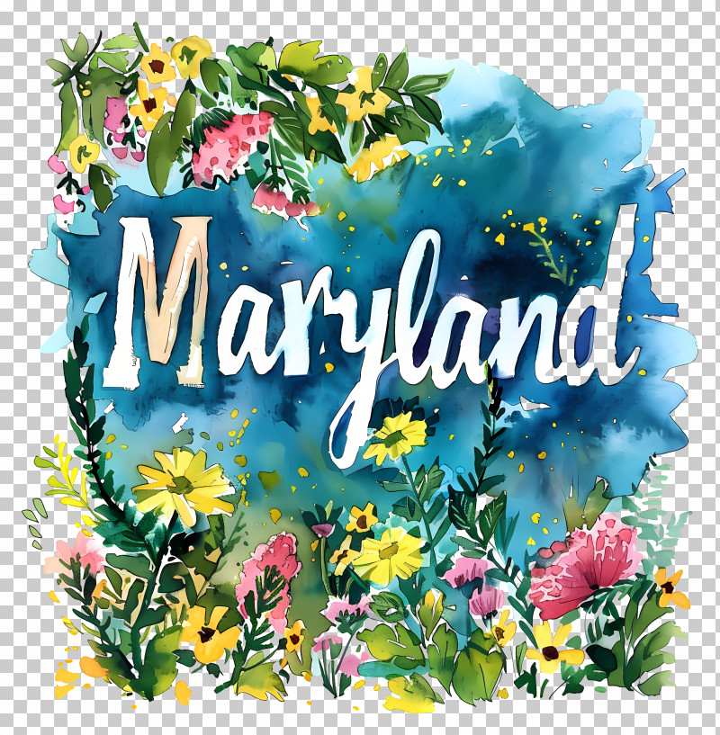 Maryland - Maryland State Illustration With Flowers And Blue Background ...