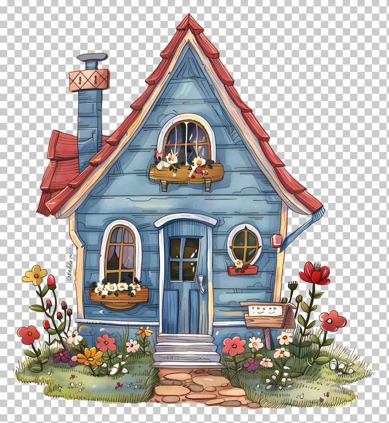 House - Charming Blue Wooden Cottage With Floral Garden PNG, Clipart ...