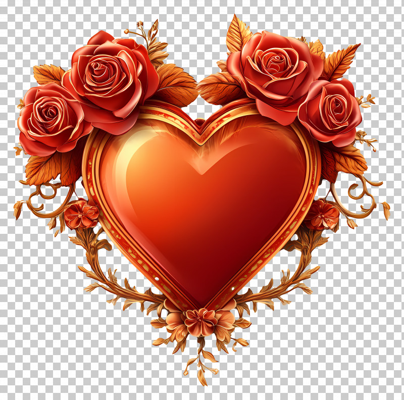 Valentine Heart - Elegant Golden Heart With Roses And Leaves PNG ...