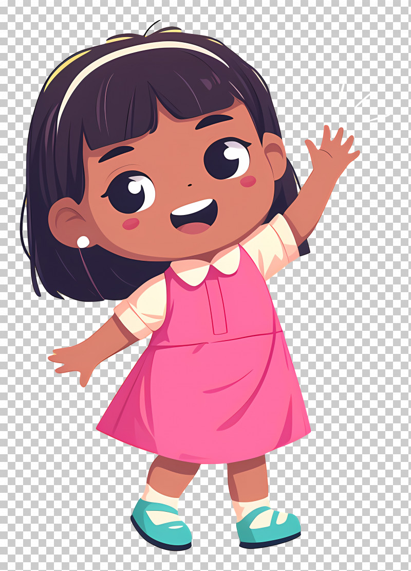 Cartoon Little Girl - Happy Girl Waving In Pink Dress PNG, Clipart ...