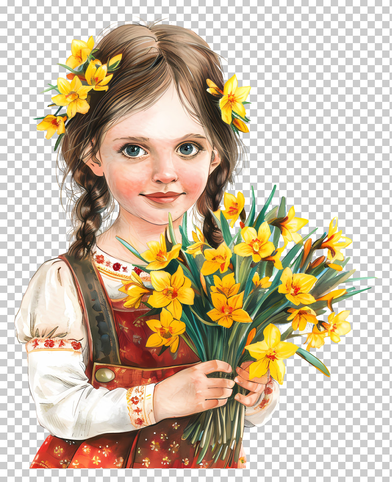 St Davids Day - Girl With Yellow Flowers In A Traditional Outfit PNG ...