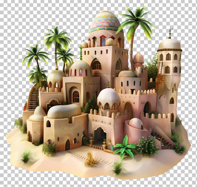 Arab Village - Desert Fortress With Palm Trees Illustration PNG ...