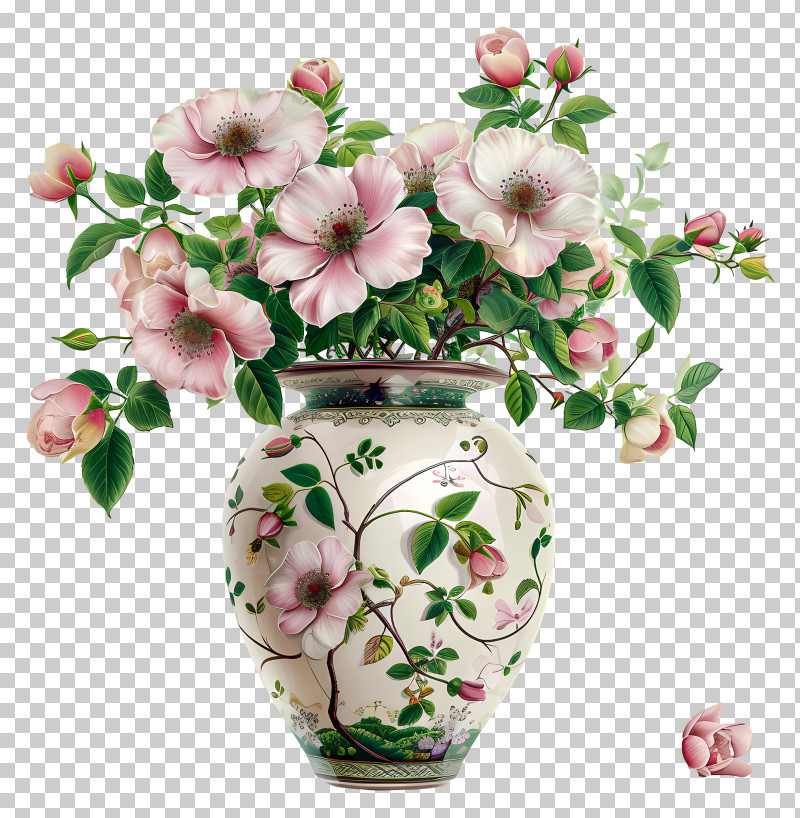 Dog Rose Flower - Floral Vase With Pink Roses And Leafy Details PNG ...