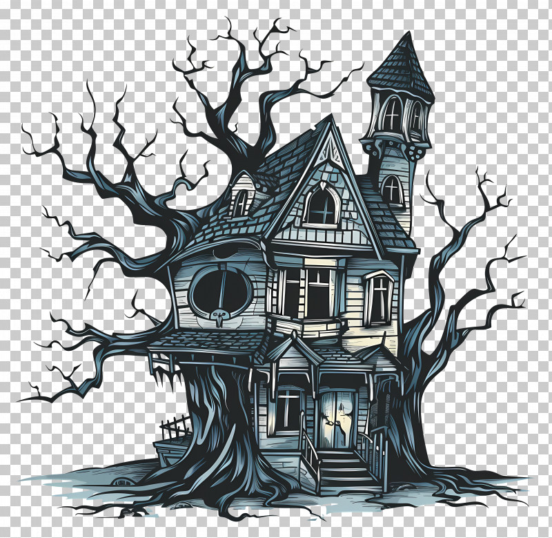 Haunted House - Spooky Haunted House With A Twisted Tree PNG, Clipart ...