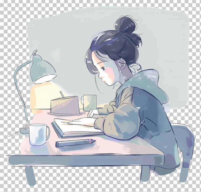 Student Studying - Girl Studying At Desk Under Lamp Light PNG, Clipart ...